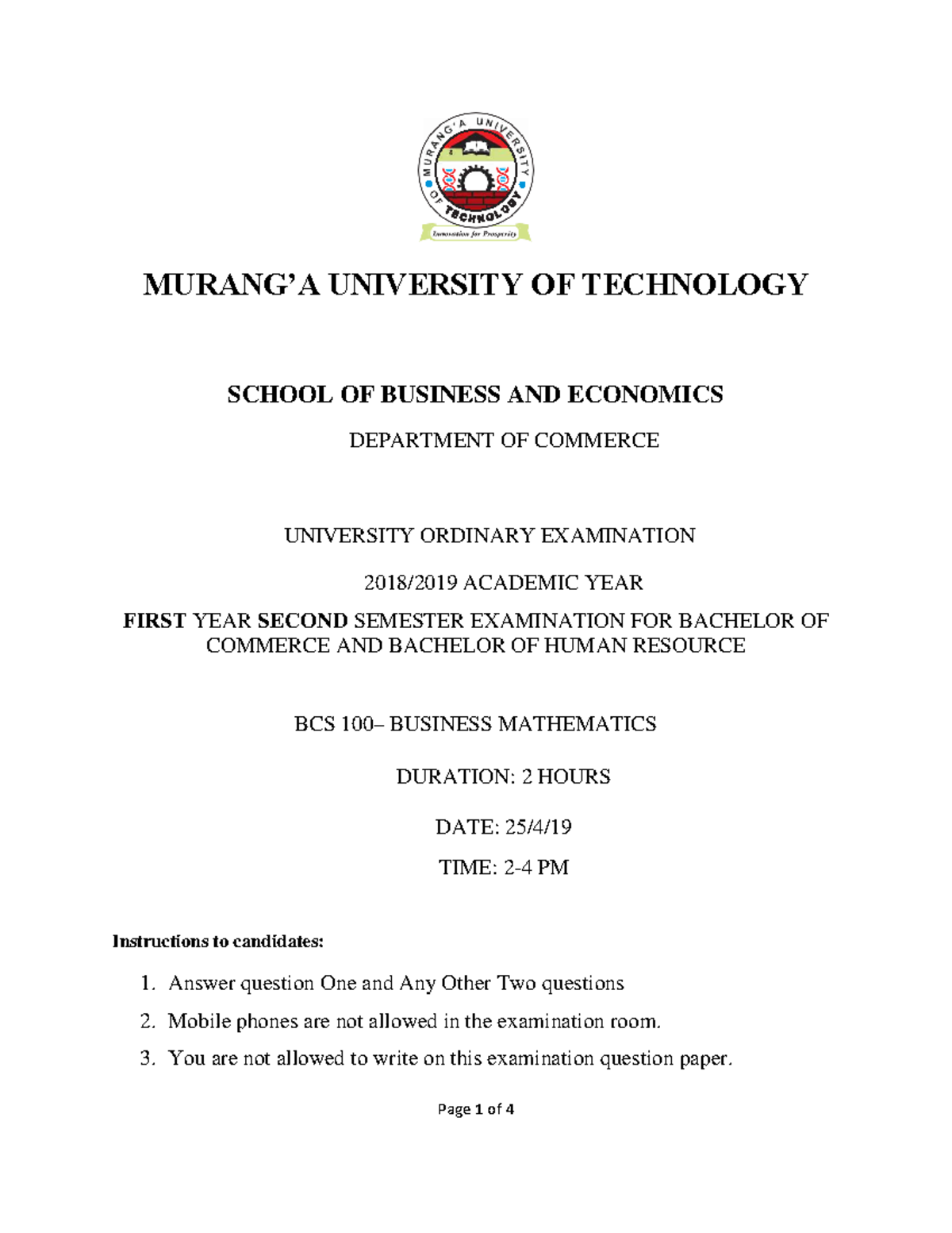 BCS 100 Final Exam: Business Mathematics Questions and Solutions - Studocu