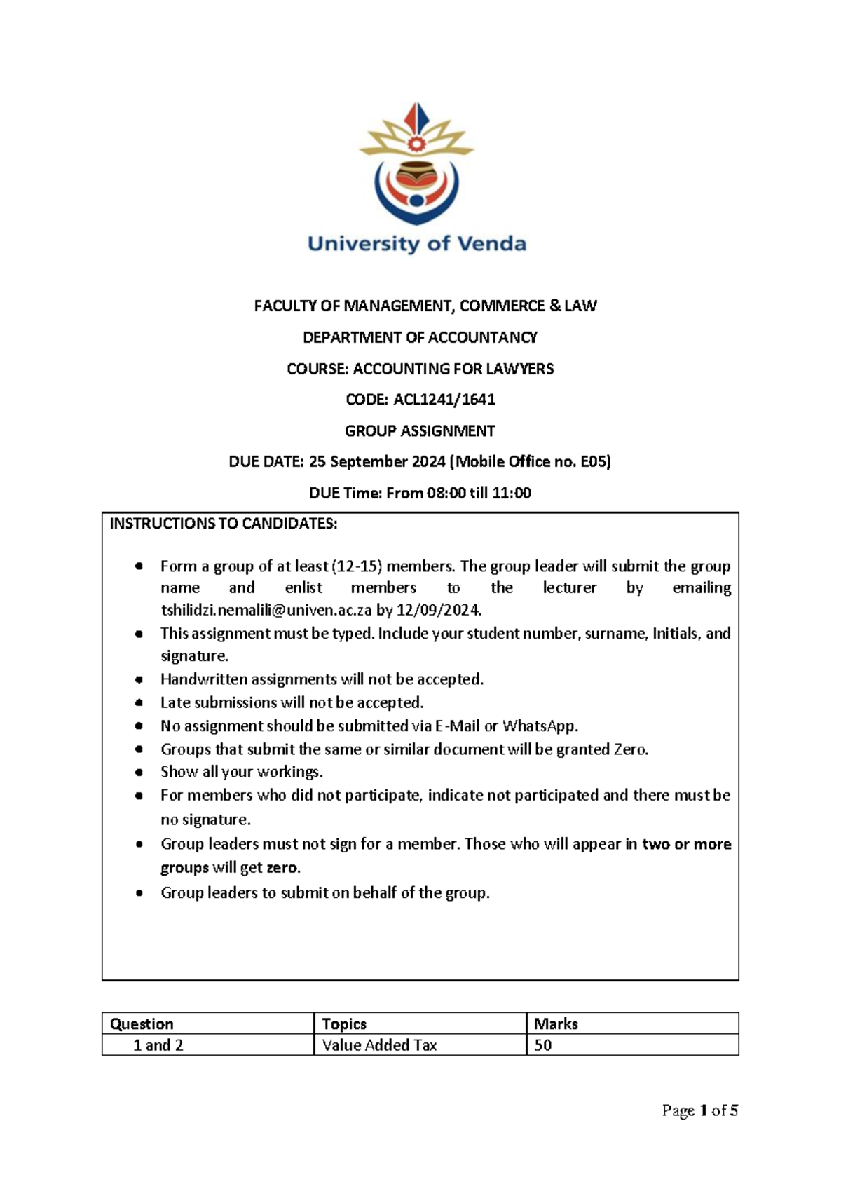 ACL1241 2024 Group Assignment Memo: VAT Calculations & Tax Concepts ...