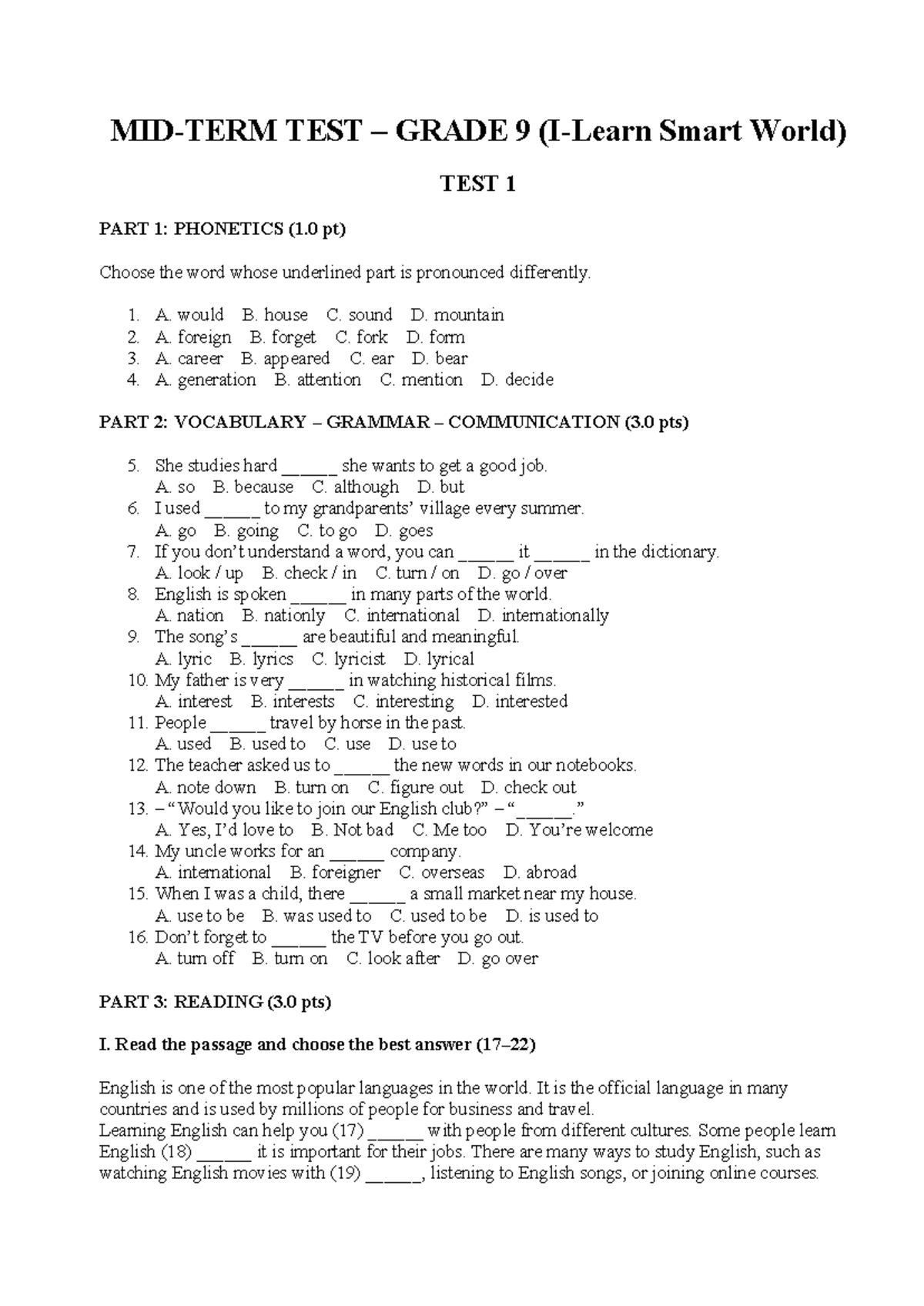Midterm Exam Review for Class 9 ILSW: Phonetics, Vocabulary, and ...