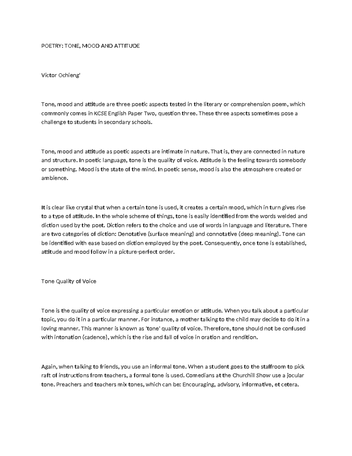 POETRY: TONE, MOOD, AND ATTITUDE IN KCSE ENGLISH PAPER 2 - Studocu