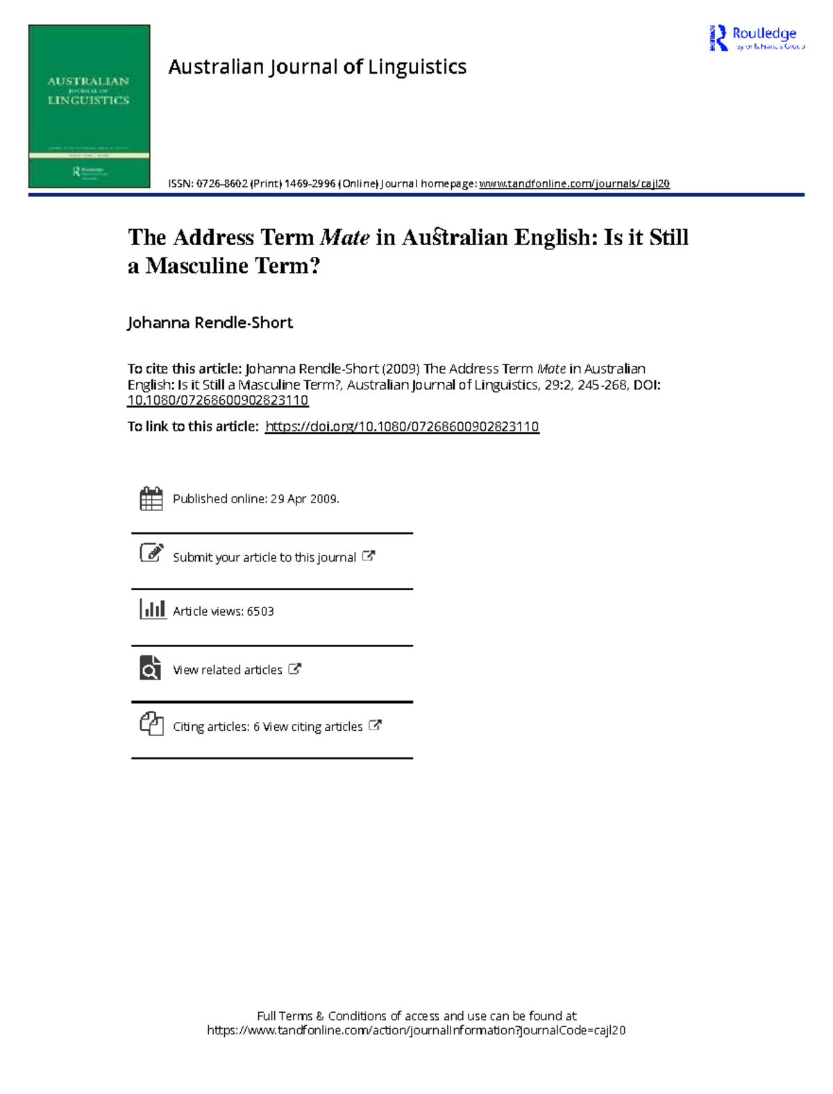 The Address Term "Mate" in Australian English: A Study on Gender Usage ...