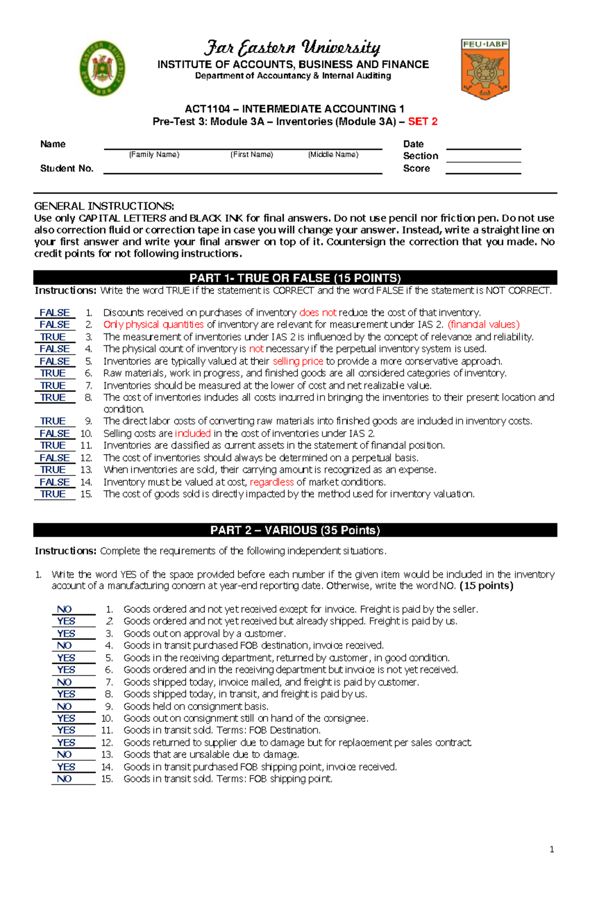3 PRE TEST 1 Module 3 Inventories Basic SET 2 Answer KEY - 1 Far ...