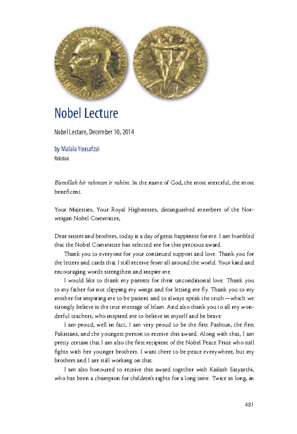 Nobel Lecture by Malala Yousafzai: A Call for Education and Peace - Studocu