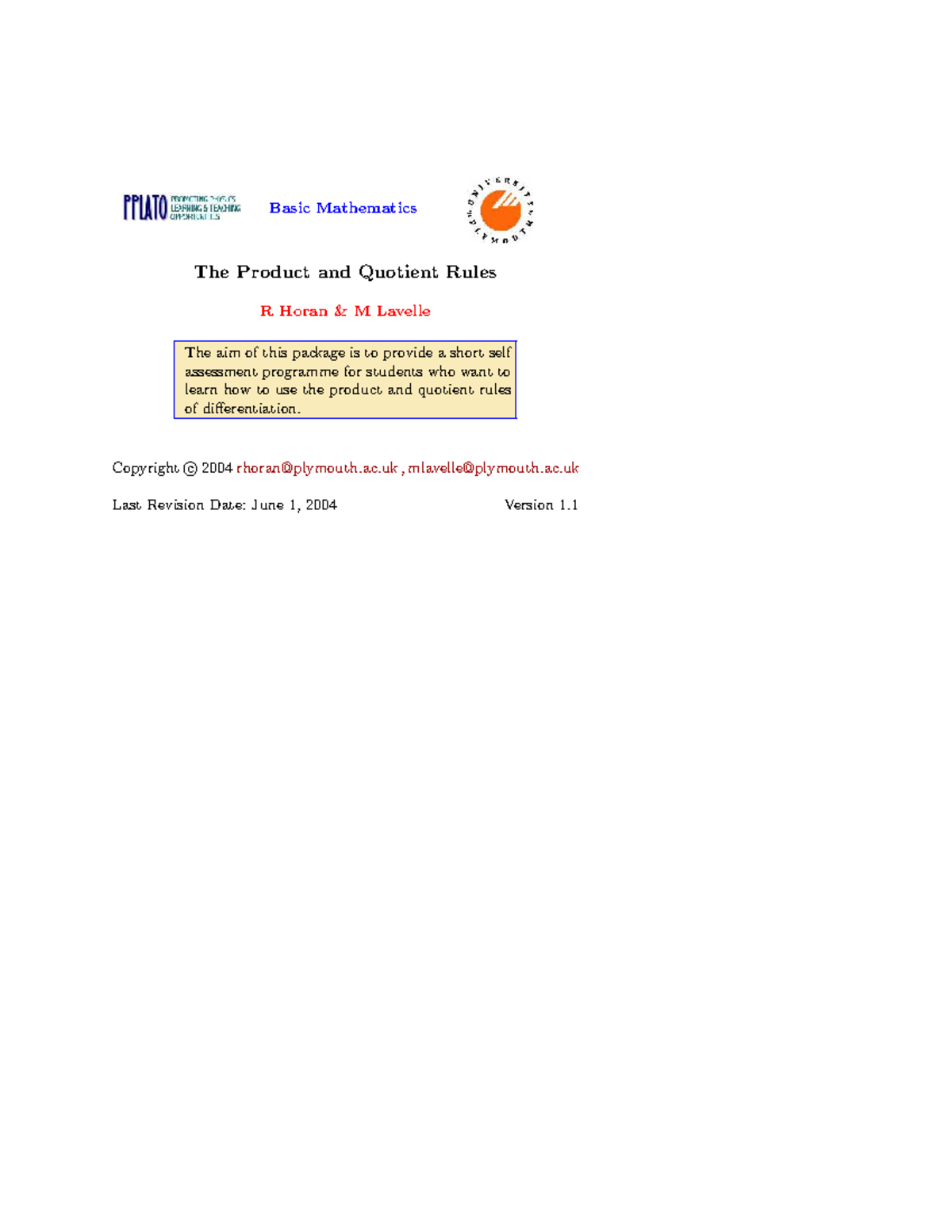 Basic Mathematics: Product & Quotient Rules - Self Assessment Guide ...