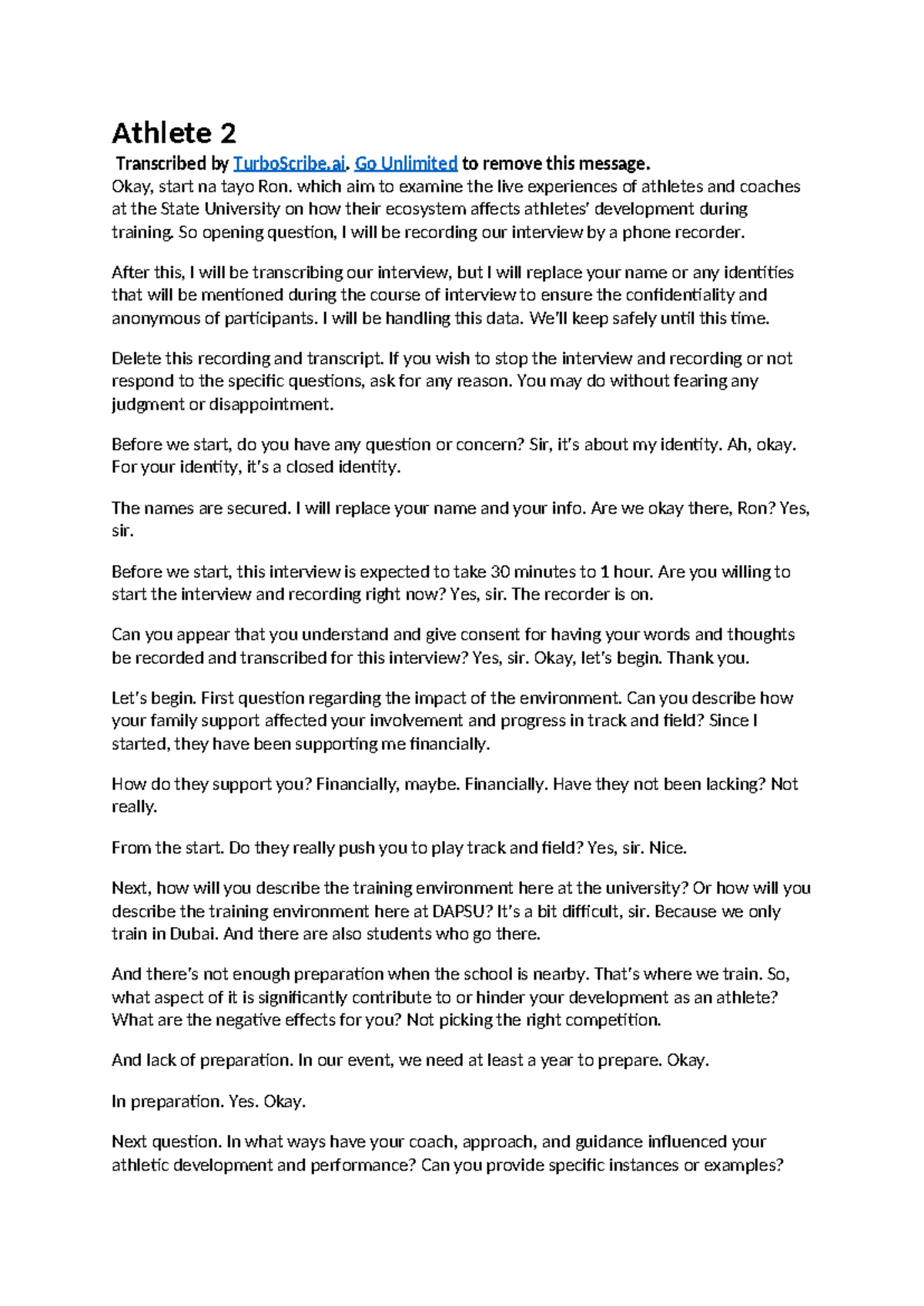 Athlete 2 Interview Insights: Ecosystem Impact on Development - Studocu