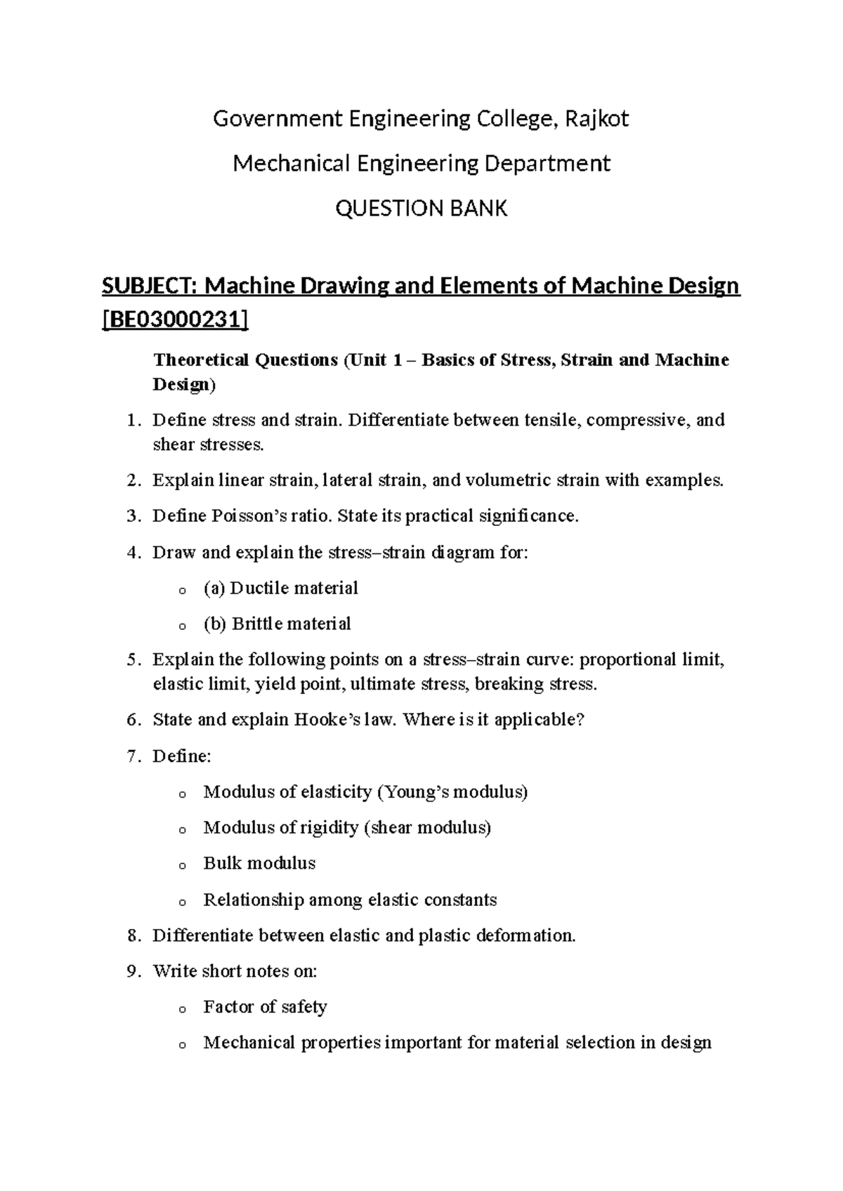 MDED Midterm Question Bank: Machine Drawing & Design Concepts - Studocu