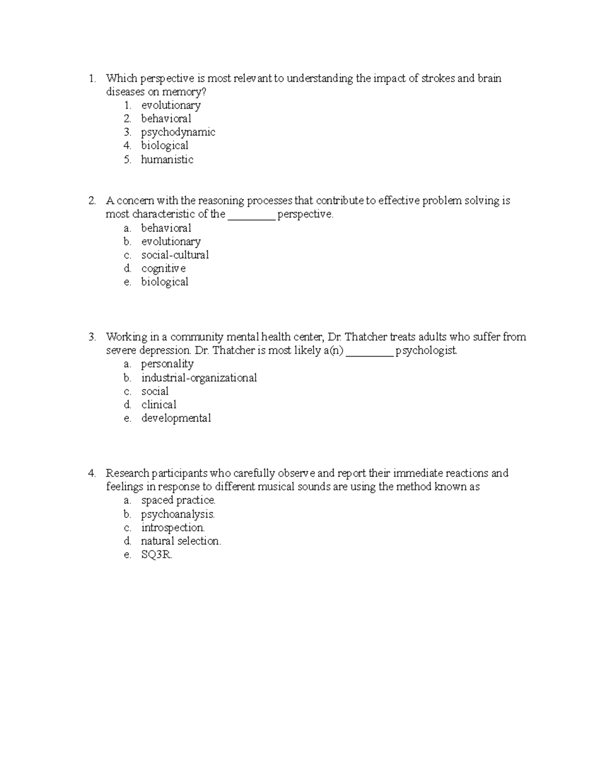 Psychology Practice Test 1: Understanding Perspectives and Research ...