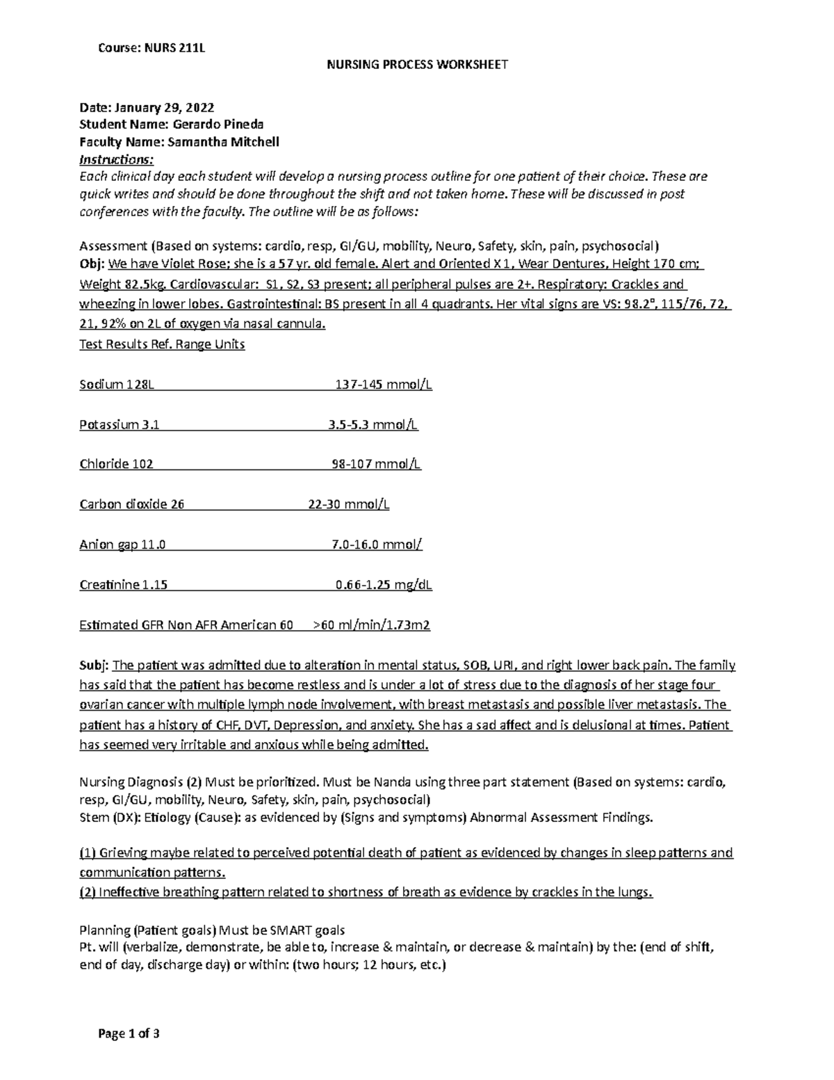 NURS 211L - Nursing Process Worksheet 1 - Course: NURS 211L NURSING ...