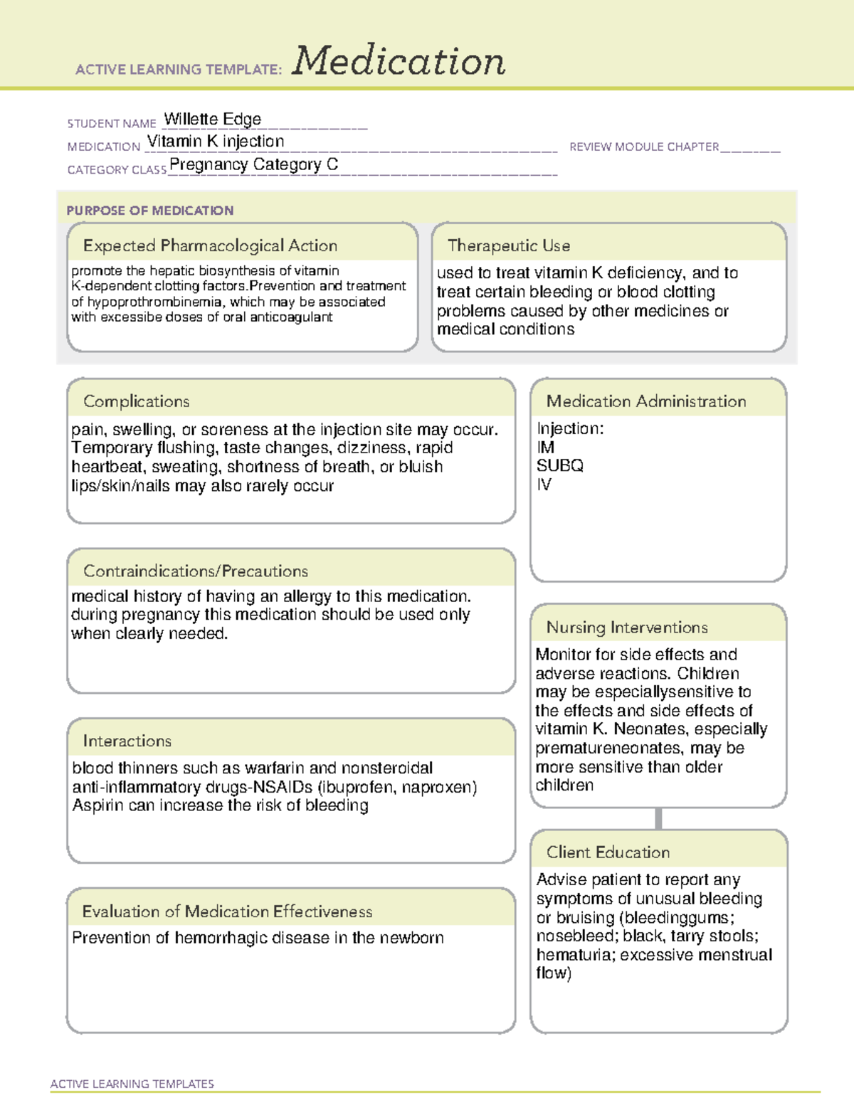 ATI Medication Template vitamin k injection - ACTIVE LEARNING TEMPLATES ...