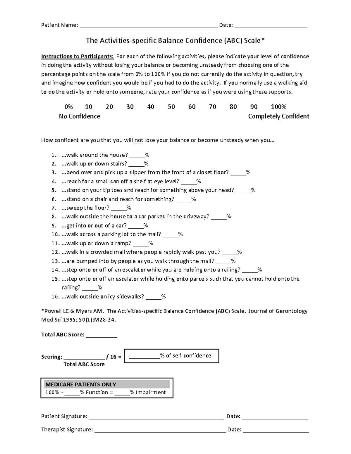 Activities-Specific Balance Confidence (ABC) Scale Assessment Tool ...
