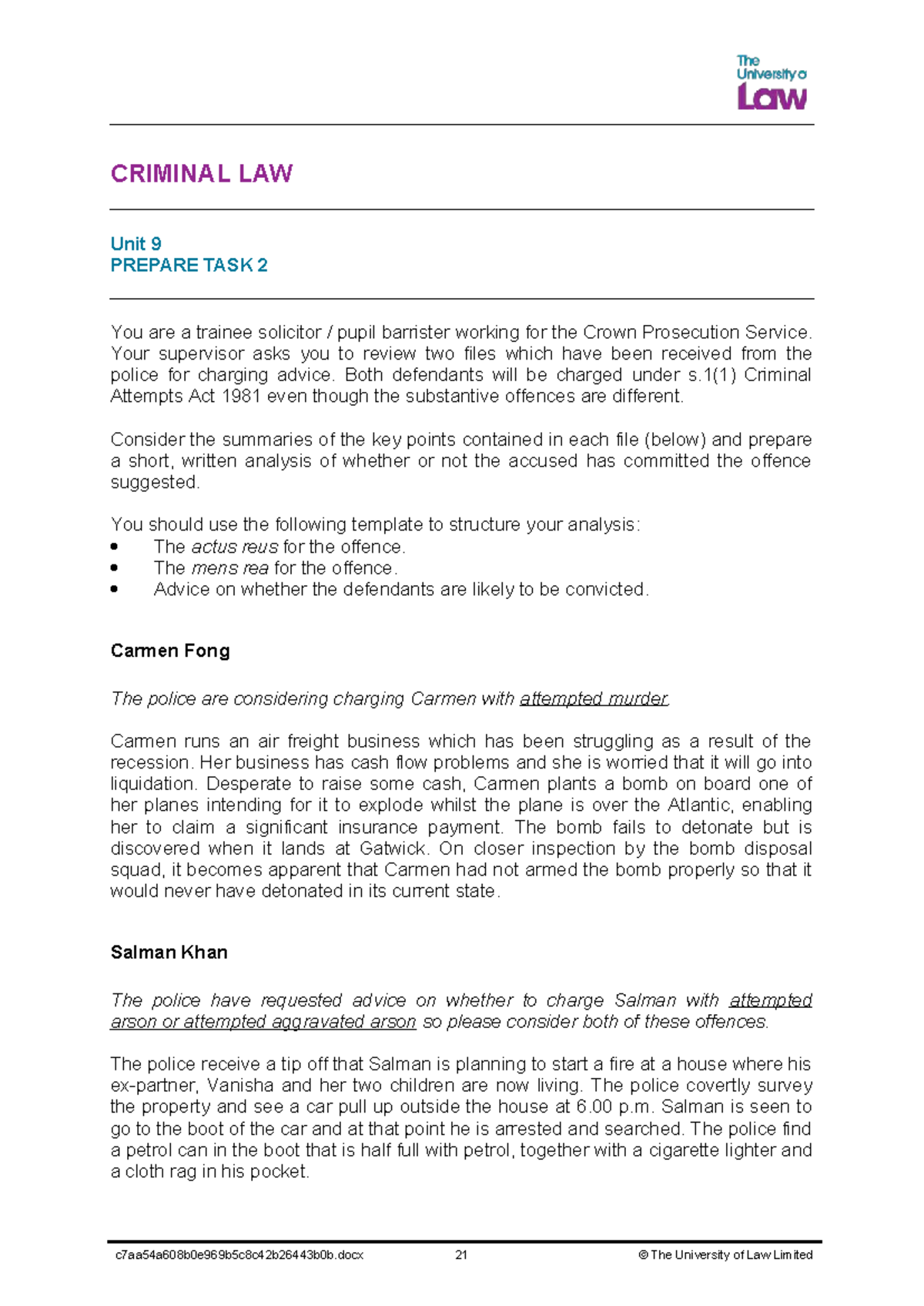 CRIMINAL LAW Unit 9 Task 2 Analysis of Attempted Offences - Studocu