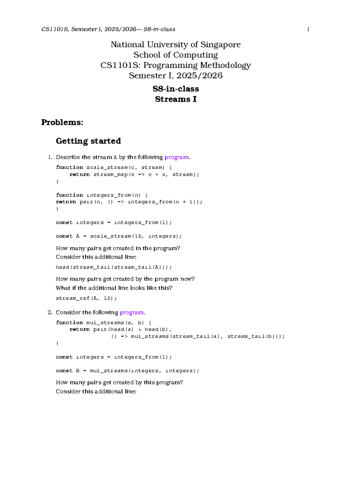 CS1101S: Programming Methodology Semester I - Stream Problems - Studocu
