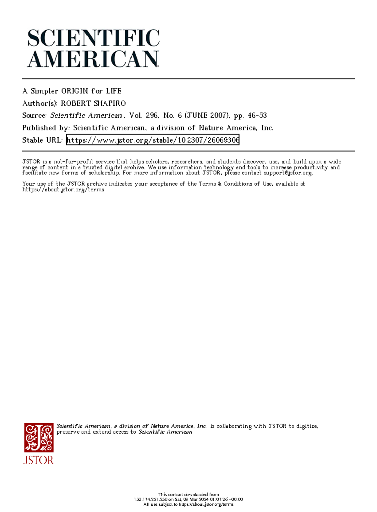 A Simpler Origin for Life - Shapiro (Scientific American, 2007) - Studocu