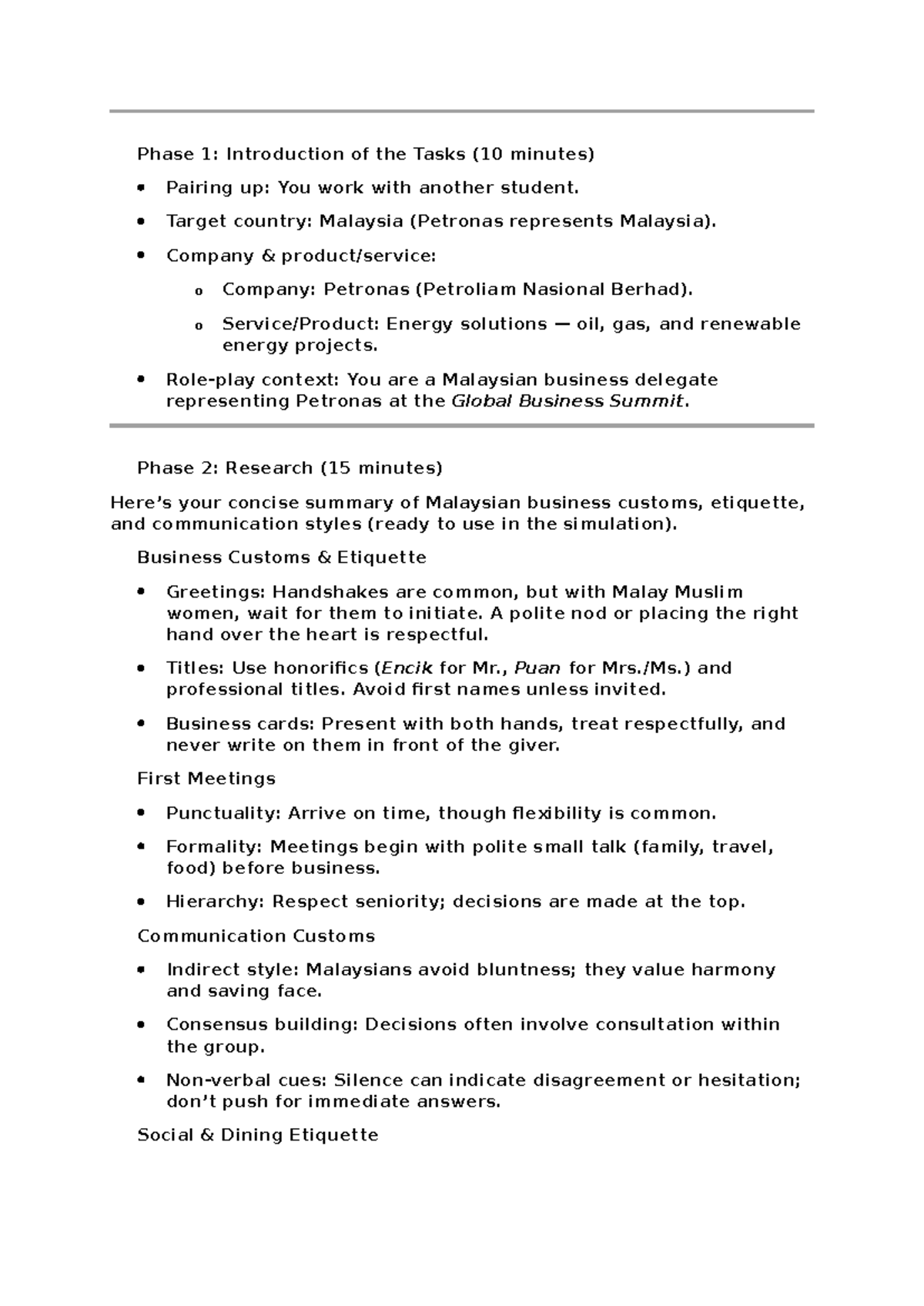 Malaysia Business Etiquette Guide for Petronas Delegates (Phase 1 ...