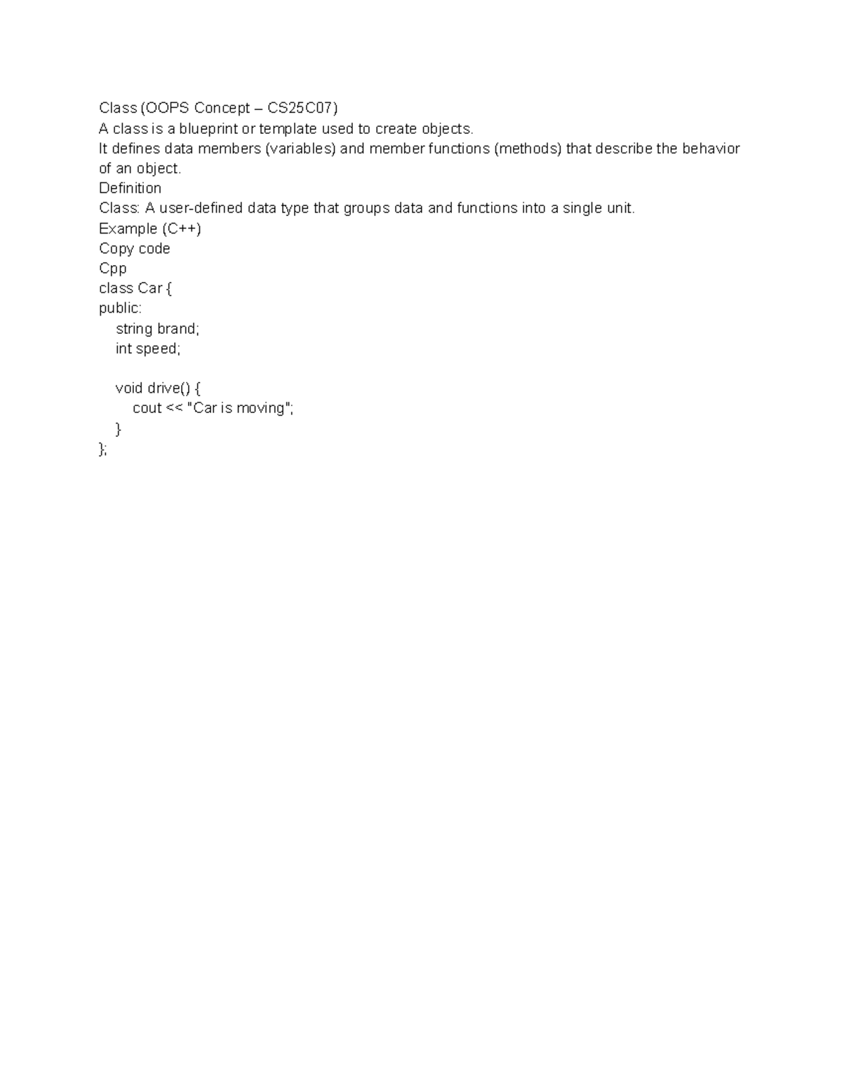 Class (OOPS Concept – CS25C07) - Computer Science and Engineering - It ...