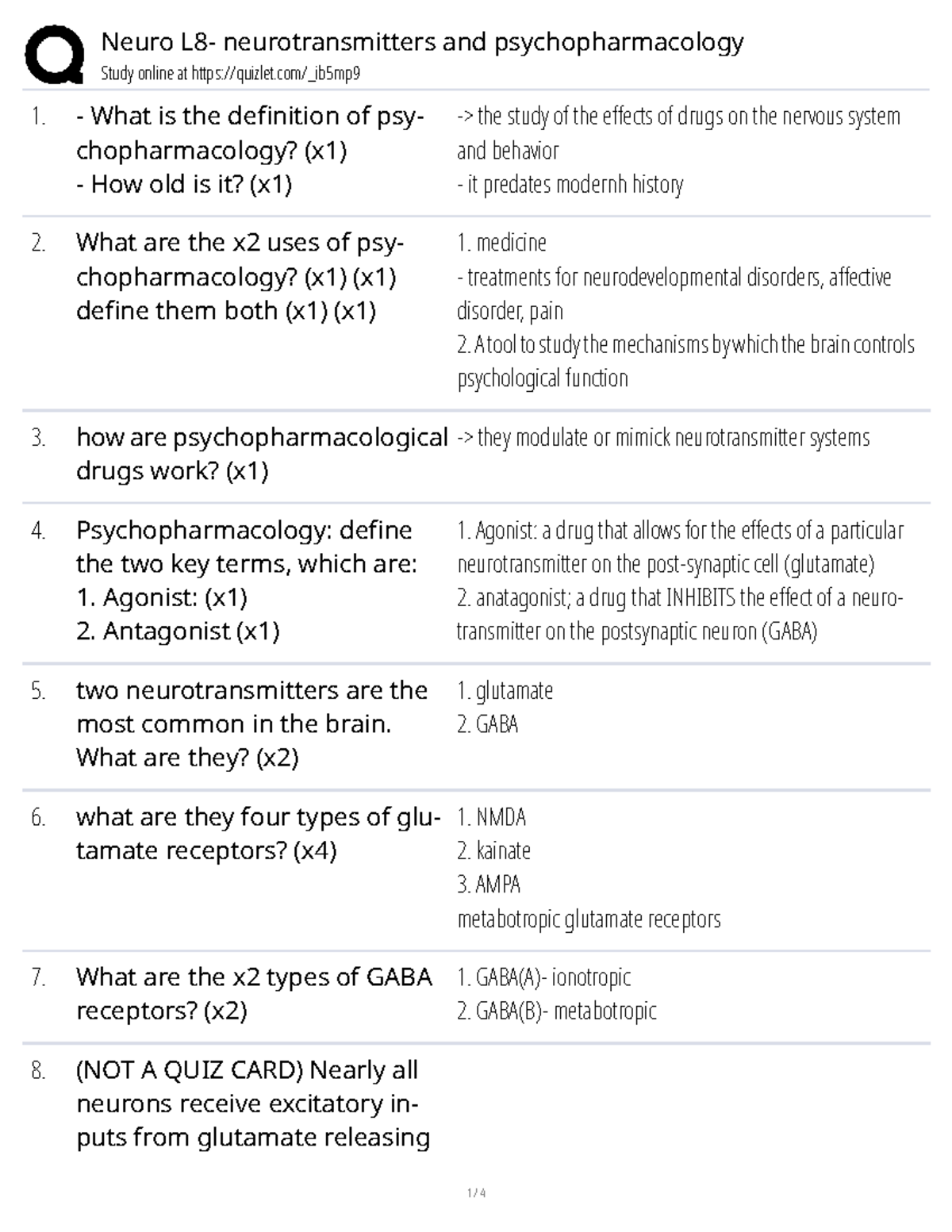 Neuro L8: Psychopharmacology & Neurotransmitters Study Guide - Studocu