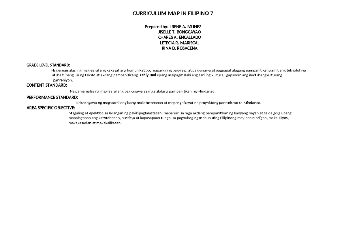 Curriculum Map for Filipino 7 - Group 3 Overview and Activities - Studocu