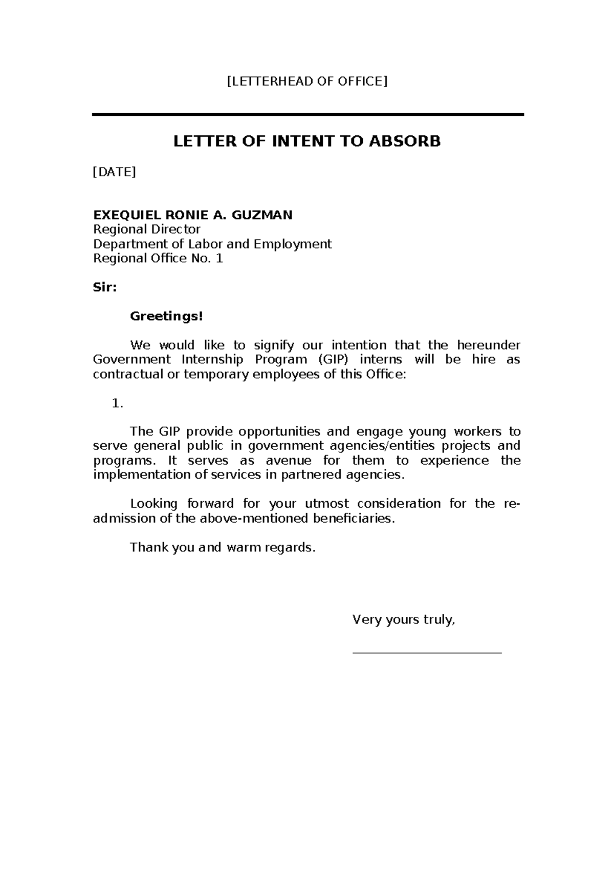 Sample GIP Letter of Intent to Absorb Interns 1 2 - Studocu
