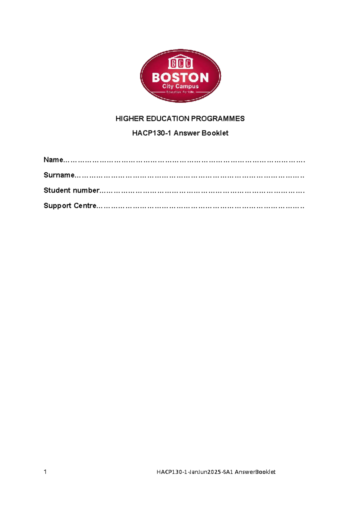 HACP130-1-Jan Jun 2025-SA1Answer Booklet - HIGHER EDUCATION PROGRAMMES ...