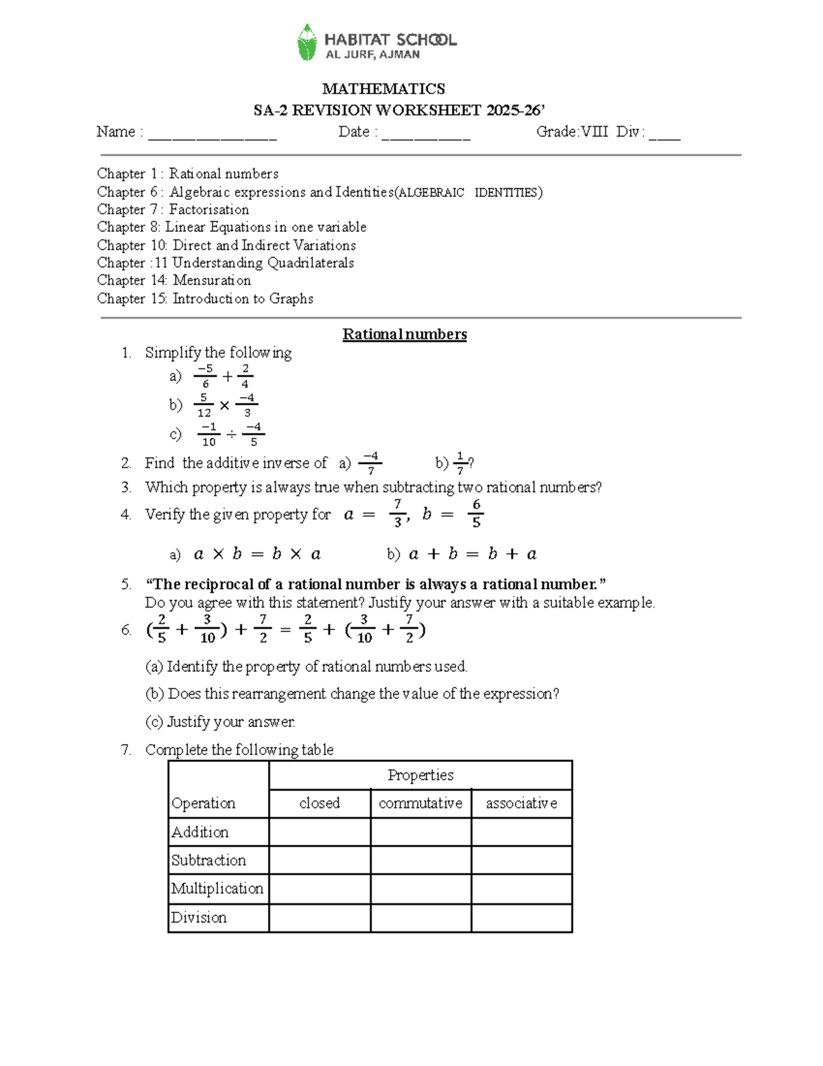 SA2 Revision Worksheet: Rational Numbers, Algebra, Factorisation ...