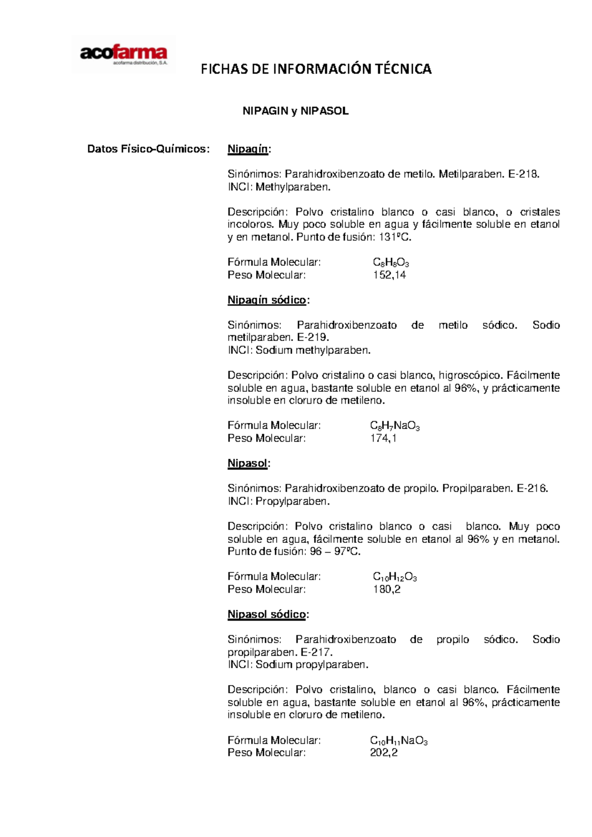 Ficha técnica del Propilparabeno: Usos, Propiedades y Efectos - Studocu