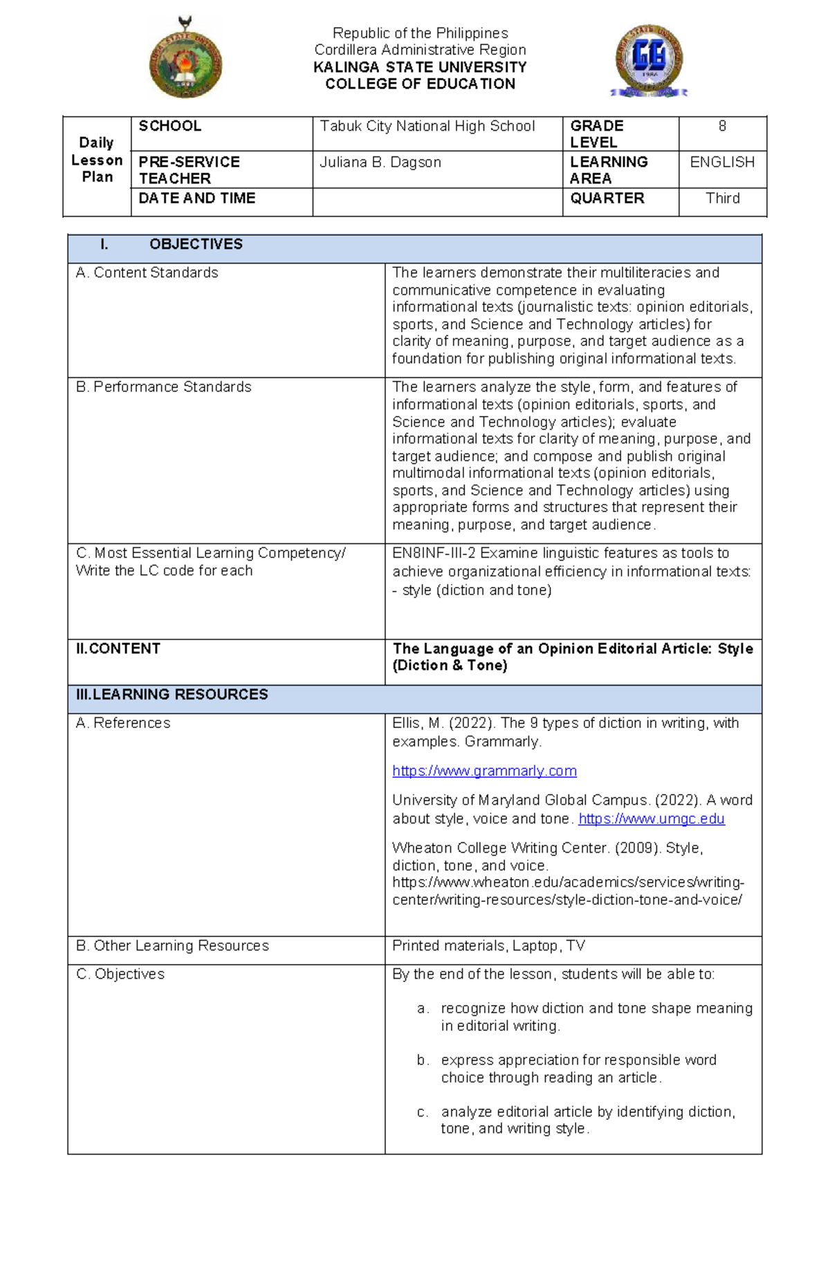 Daily Lesson Plan: 8th Grade English - Opinion Editorials (EDUC 101 ...