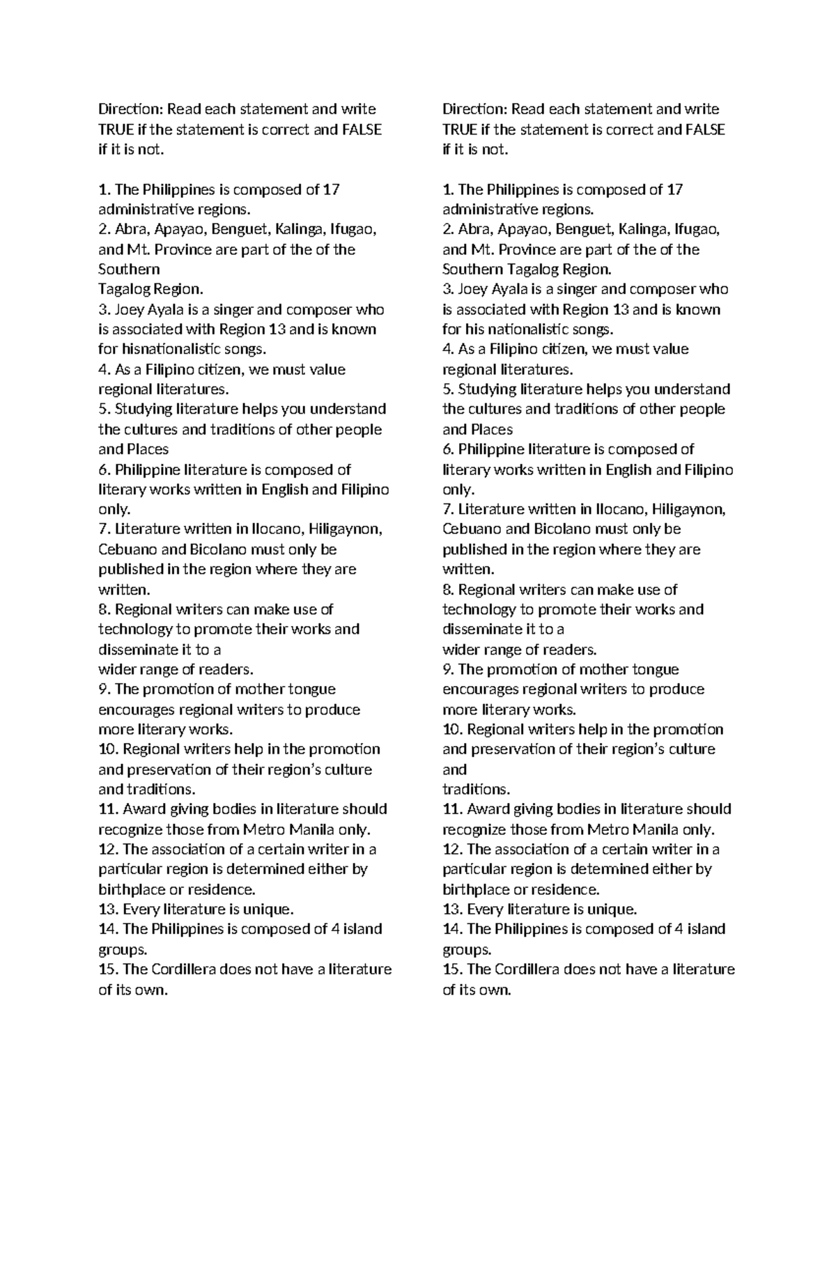 PRE TEST: TRUE or FALSE Statements on Philippine Literature (JUNE 23 ...