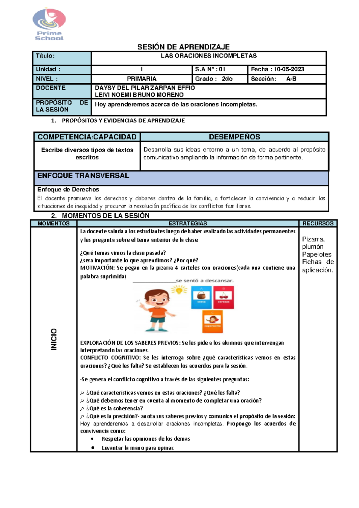 649068237 Sesión de Aprendizaje: Oraciones Incompletas en Primaria ...