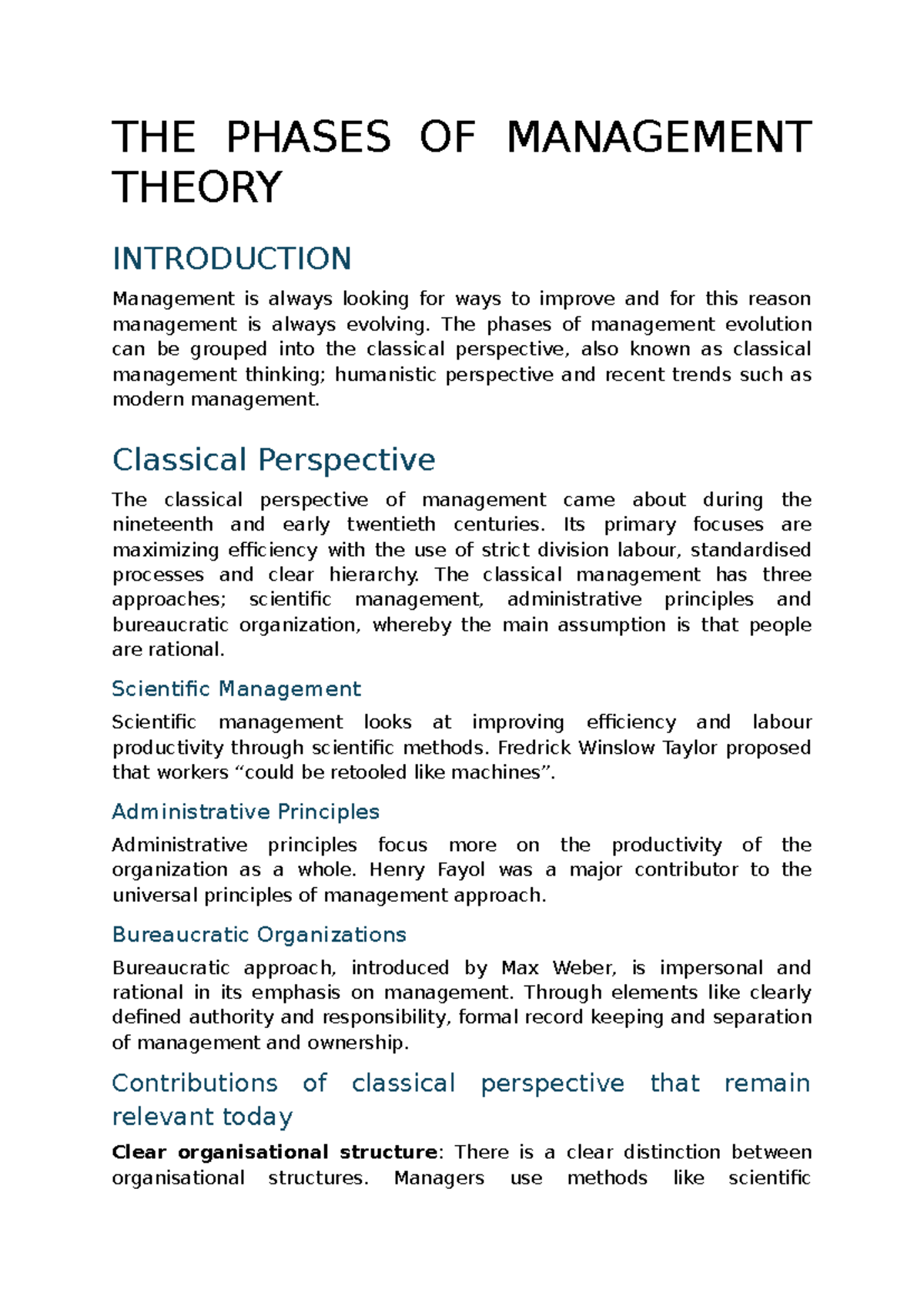 The Phases of Management Theory (225118696) - An Overview - Studocu