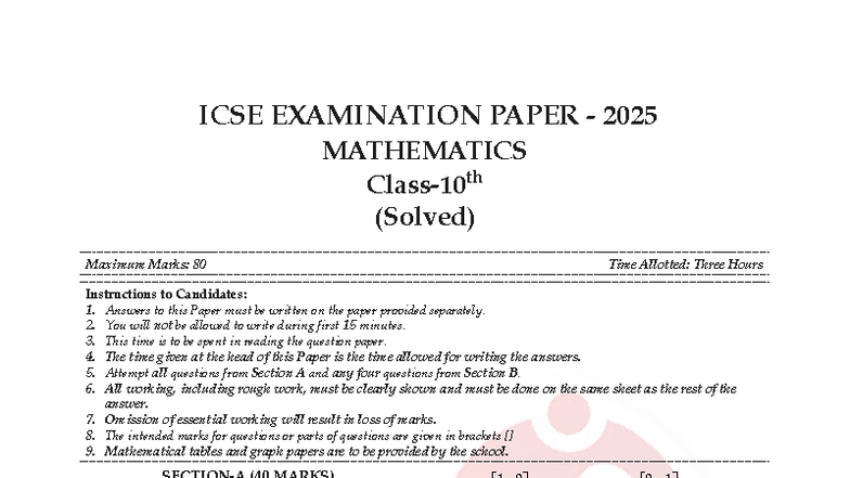 ICSE-10 Mathematics Solved Examination Paper 2025 - Studocu
