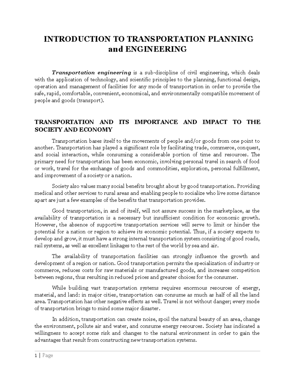 Transportation Planning and Engineering - INTRODUCTION TO ...