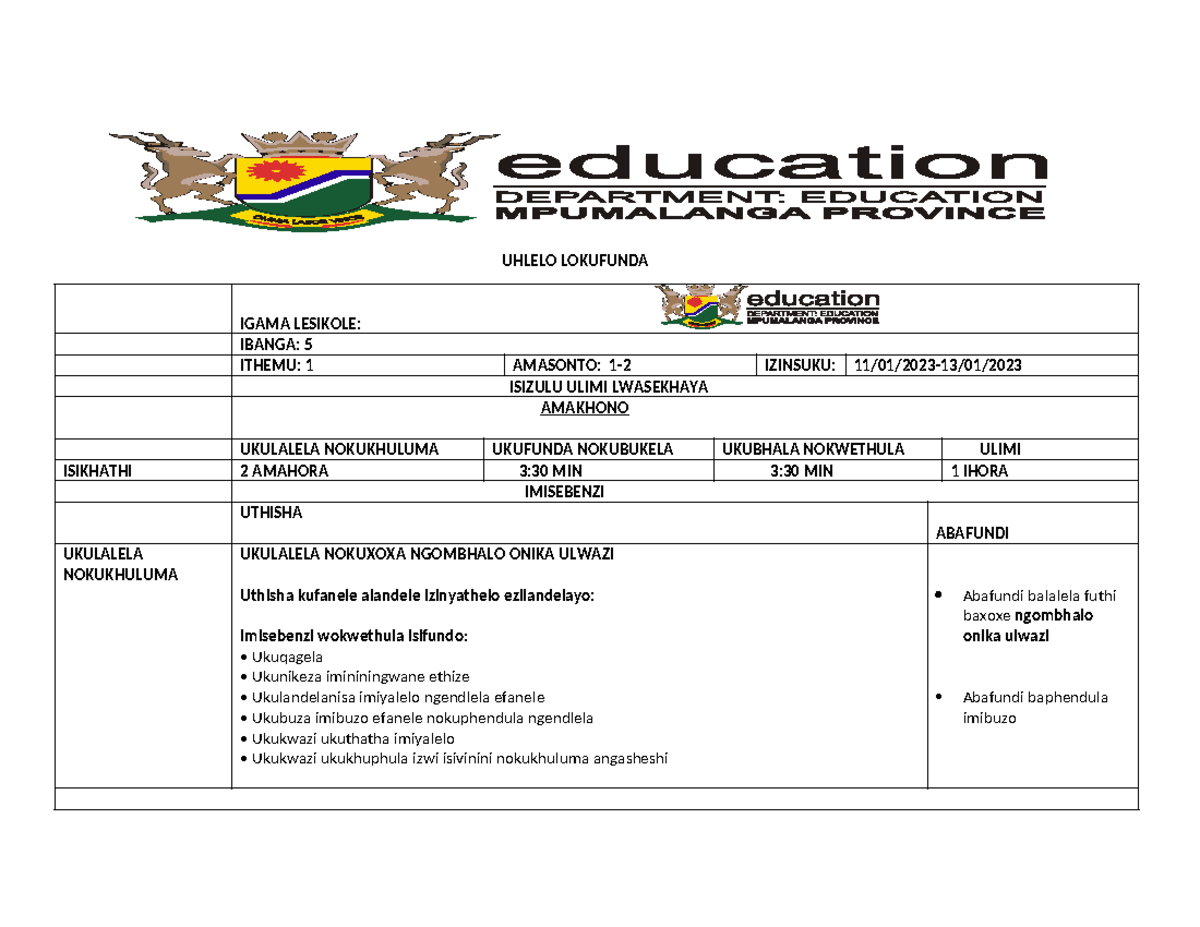 2023 ZUL GR 5 T1 Lesson Plan: Ulimi Lwasekhaya & Ukufunda Indaba - Studocu