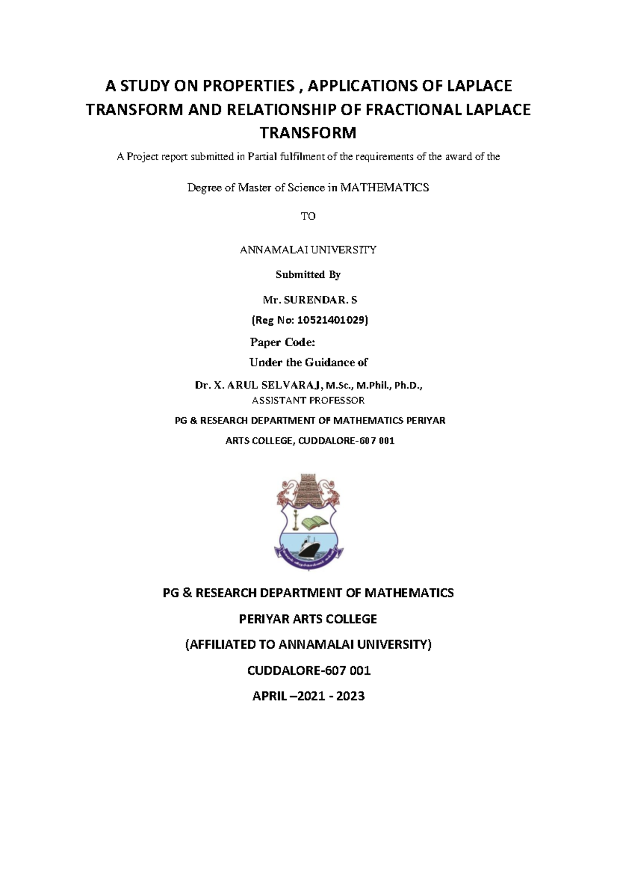 A Study on Properties & Applications of Laplace Transform (Project ...