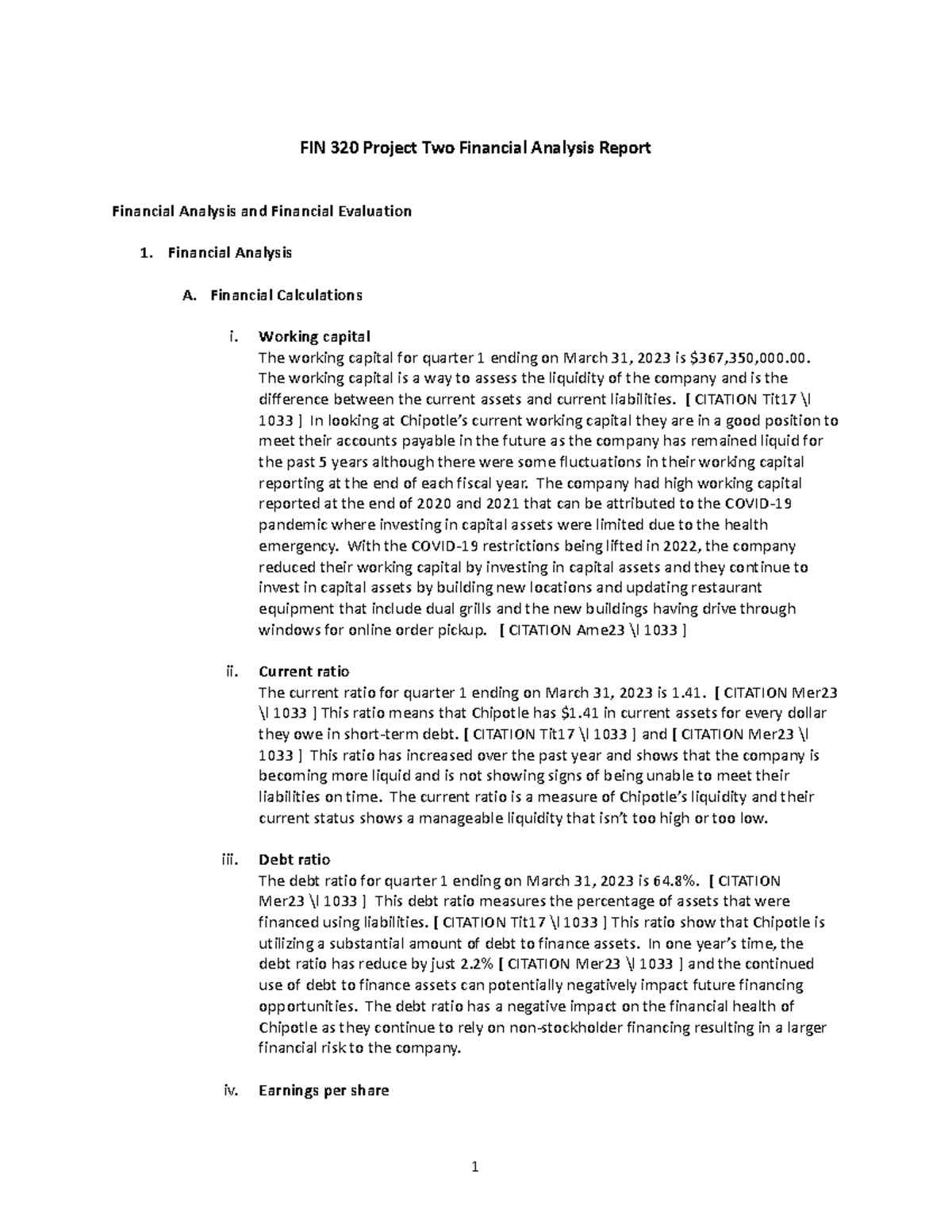 FIN 320 Project Two Financial Analysis Report - Financial Calculations ...