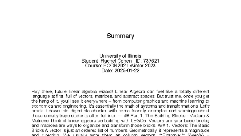 ECON202 Winter 2023: Linear Algebra Summary & Key Concepts - Studocu