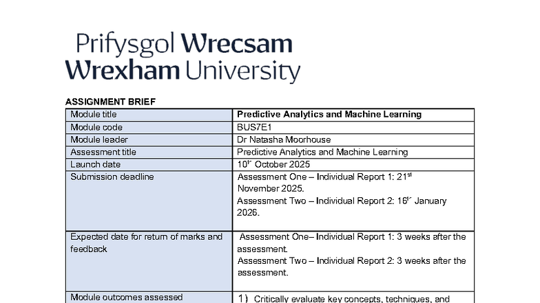 BUS7E1 WU Assignment Brief: Predictive Analytics & Machine Learning - Studocu