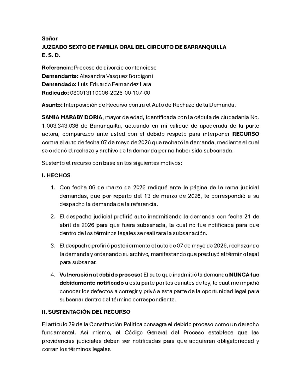 Recurso de Apelación contra Auto de Rechazo de Demanda - Proceso de ...