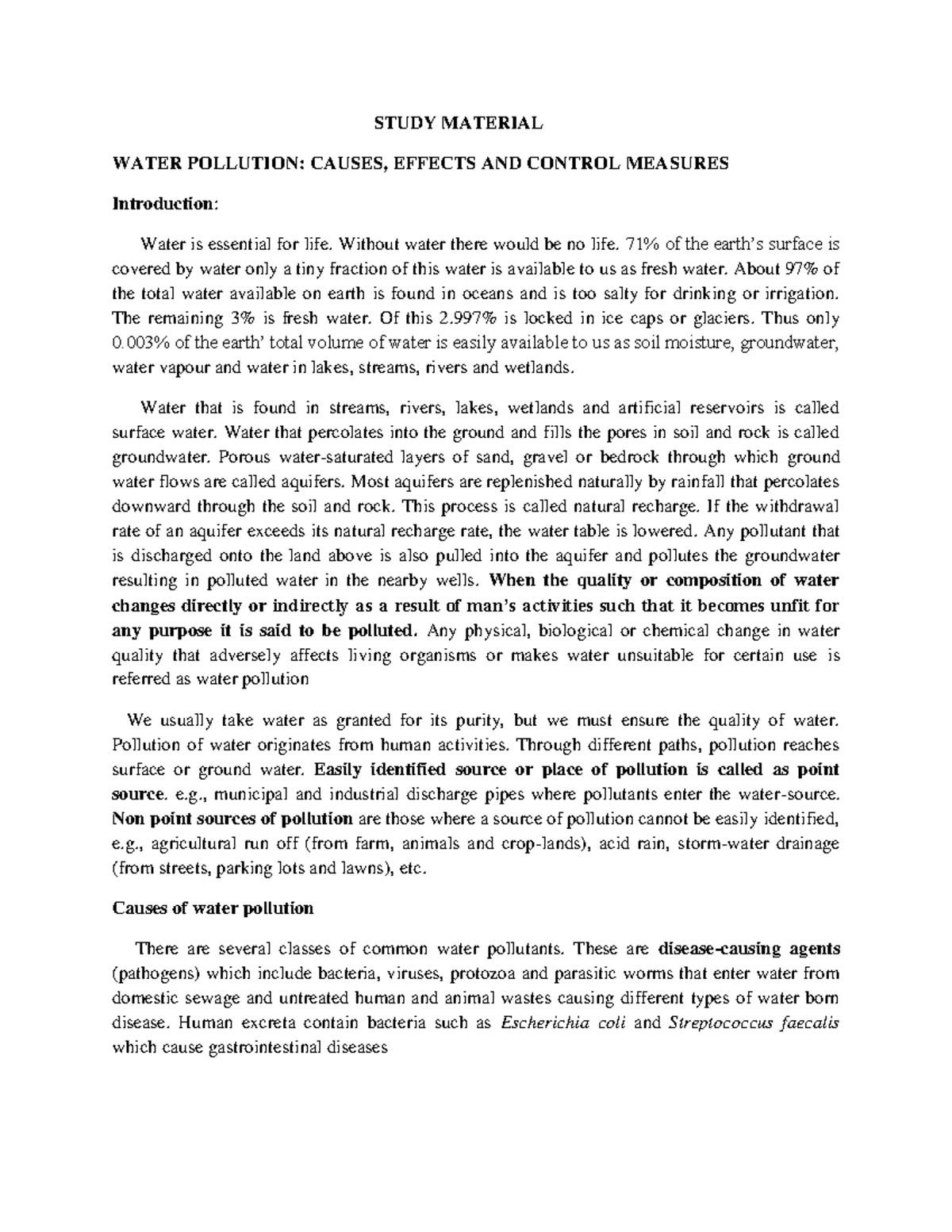 Water Pollution: Causes, Effects & Control Measures - Lecture Notes ...