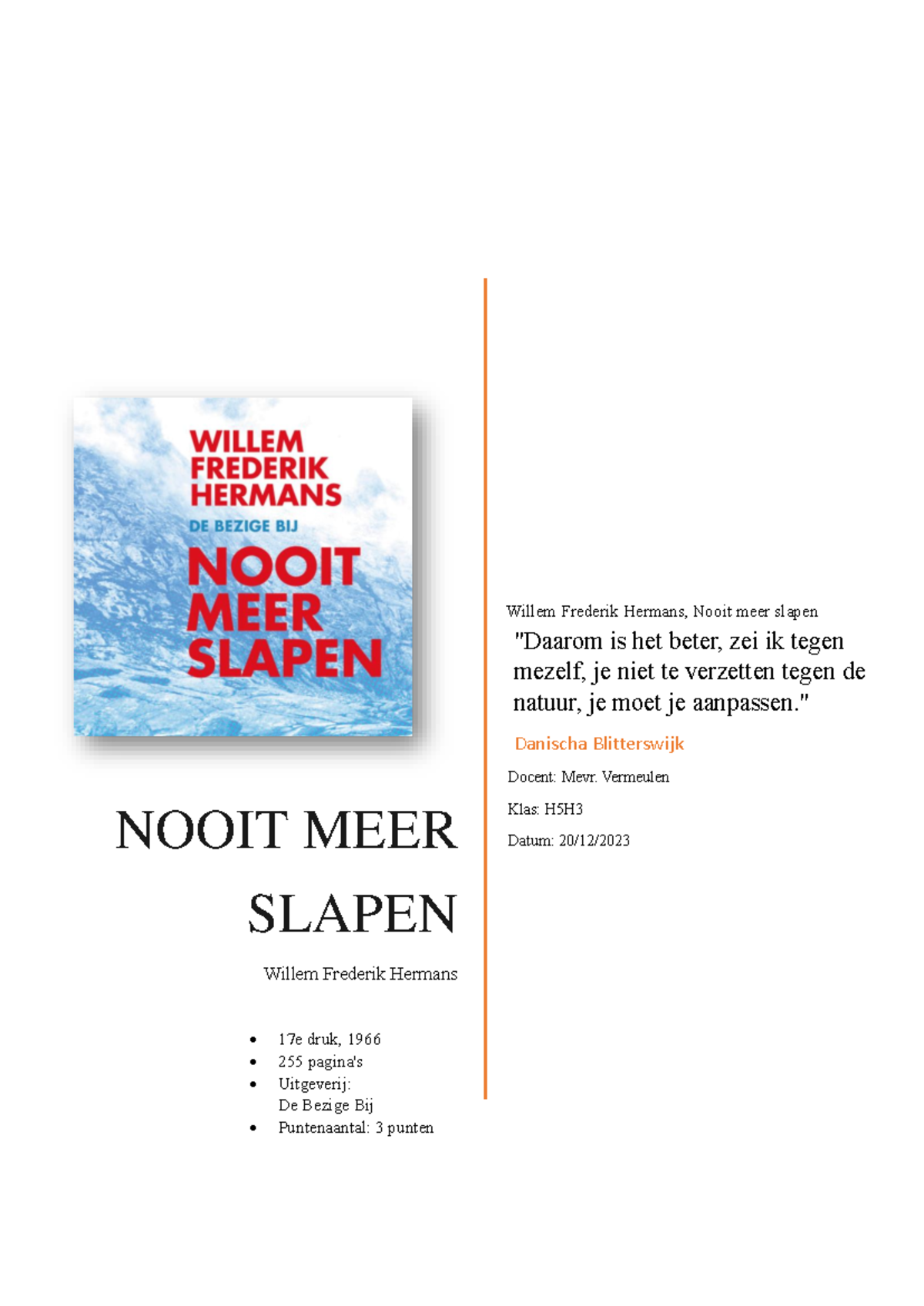 Boekverslag Nooit Meer Slapen - Willem Frederik Hermans (H5H) - Studeersnel