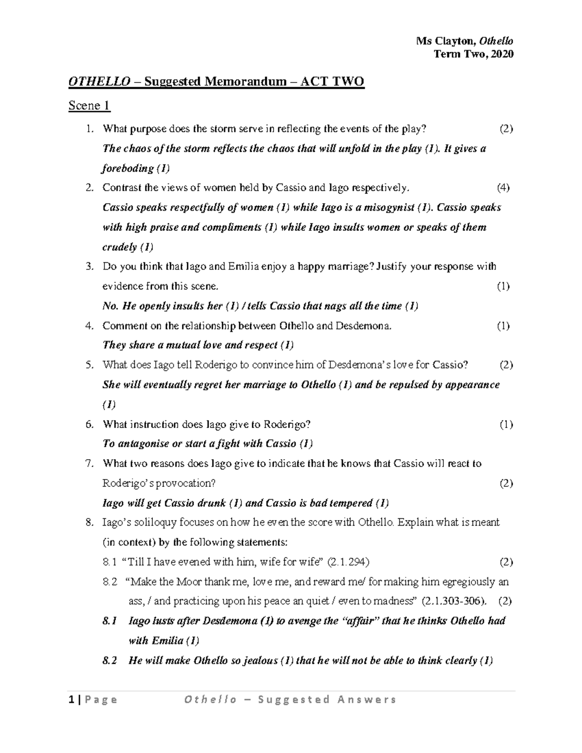 Othello Act 2 - Suggested Memorandum Annotations and Analysis - Studocu