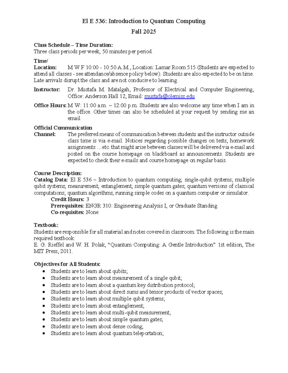 EL E 536: Quantum Computing Syllabus for Fall 2025 - Studocu