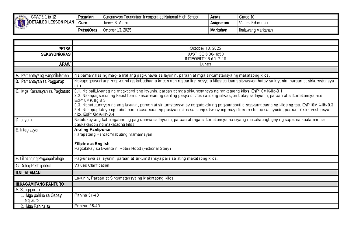 GRADE 10 Values Education Detailed Lesson Plan - Week 7 - Studocu