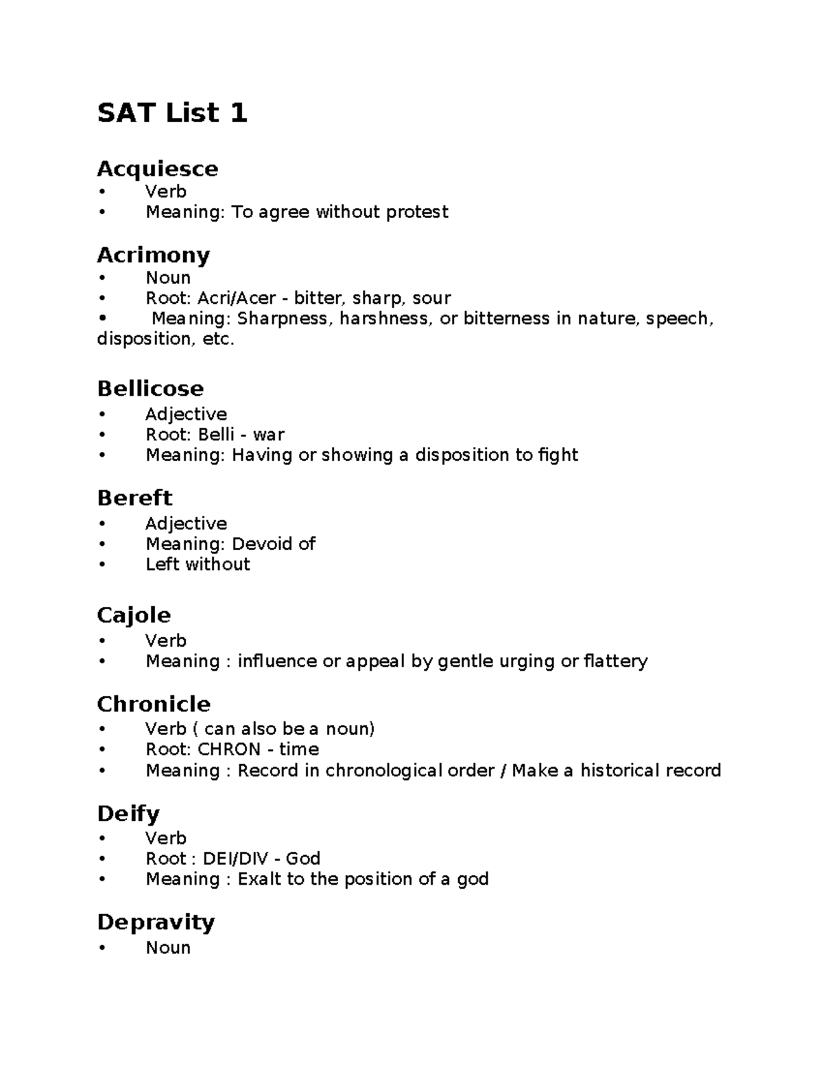 SAT Vocabulary List 1: Definitions & Roots for Exam Prep - Studocu