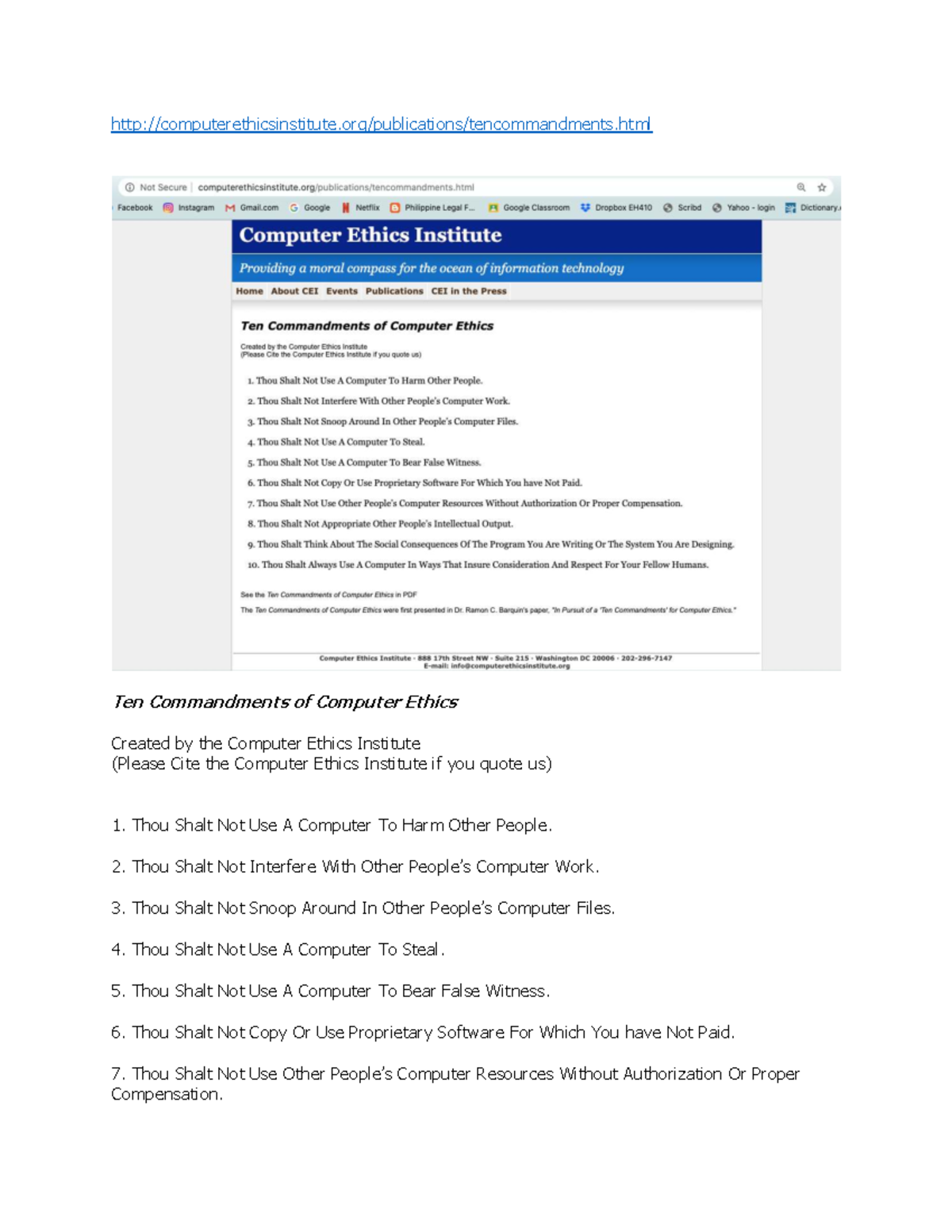 Computer Ethics: Ten Commandments for Responsible Use - Studocu