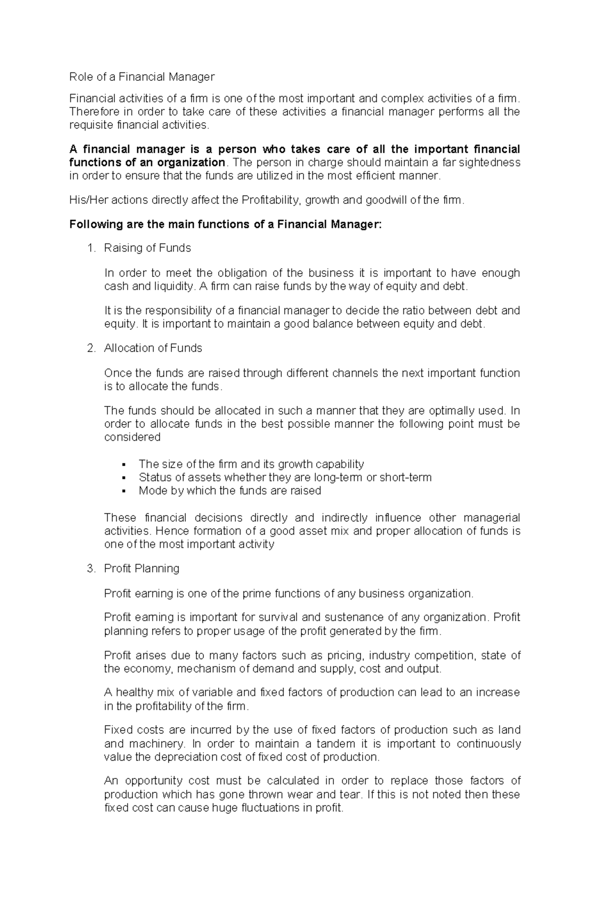 FInancial Management Reference - Role of a Financial Manager Financial ...