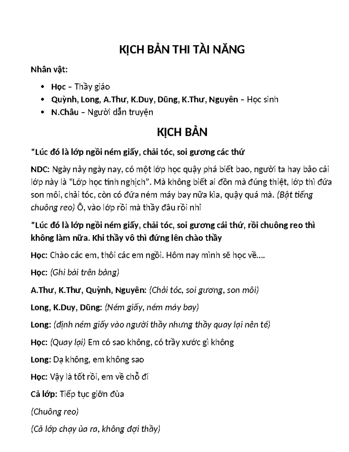 KỊCH BẢN THI TÀI NĂNG LỚP HỌC QUẬY PHÁ - Studocu