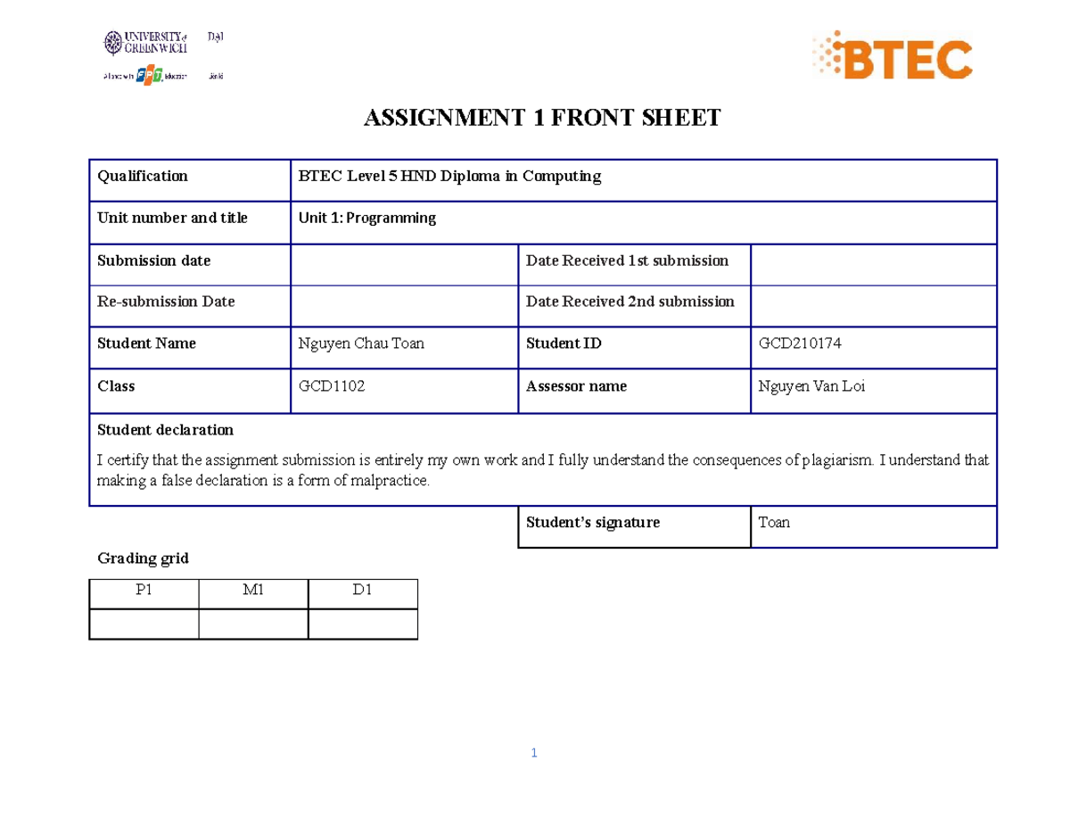 Assignment 1 - 1618 - for science - ASSIGNMENT 1 FRONT SHEET Qualification BTEC Level 5 HND ...