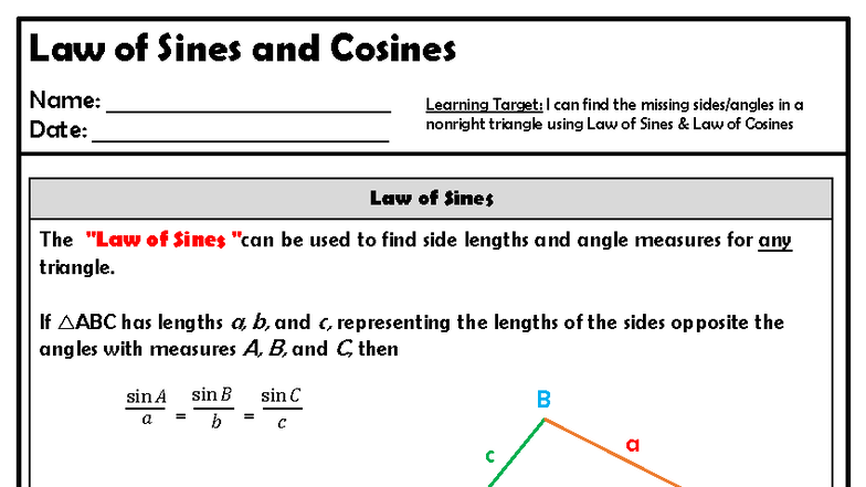 Law of Sines and Cosines: Finding Missing Parts in Triangles - Studocu