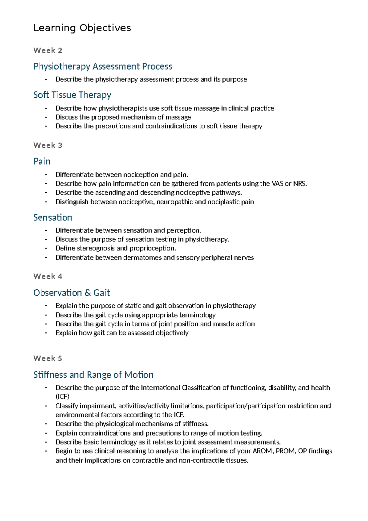 Physiotherapy Assessment Process: Learning Objectives Wk 2-9 - Studocu
